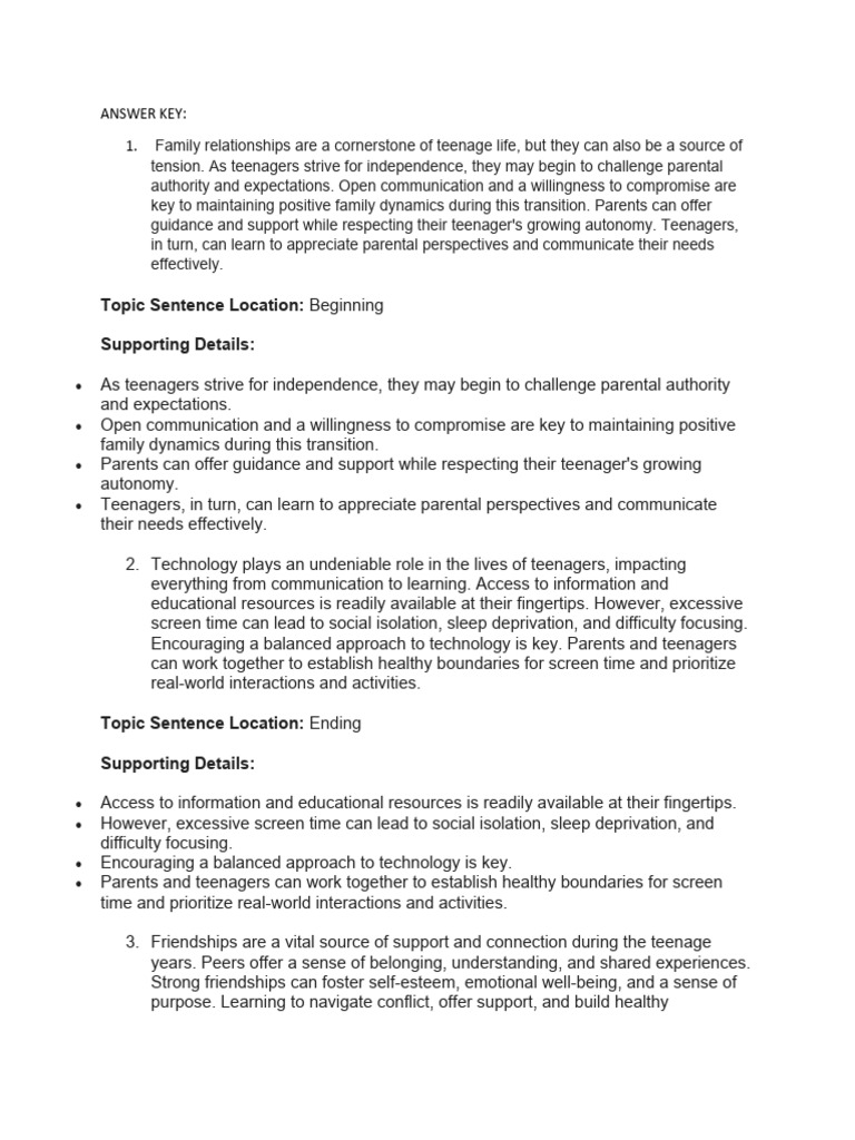 Answer Key in Identifying Topic Sentence | PDF | Adolescence | Popular ...