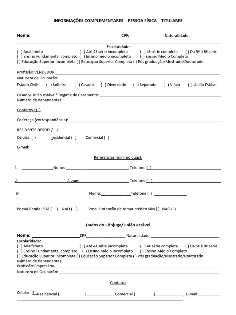 Ficha Complementar PF - Modelo | PDF
