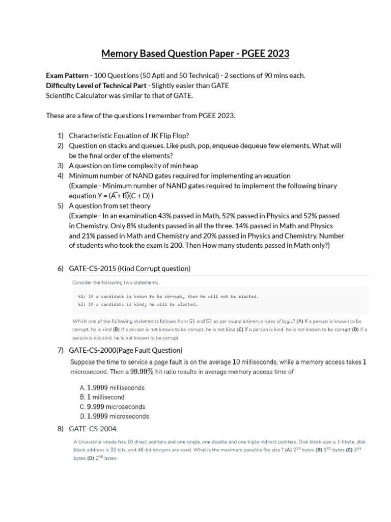 Memory Based Question Paper - PGEE 2023 | PDF | Queue (Abstract Data Type) | Applied Mathematics
