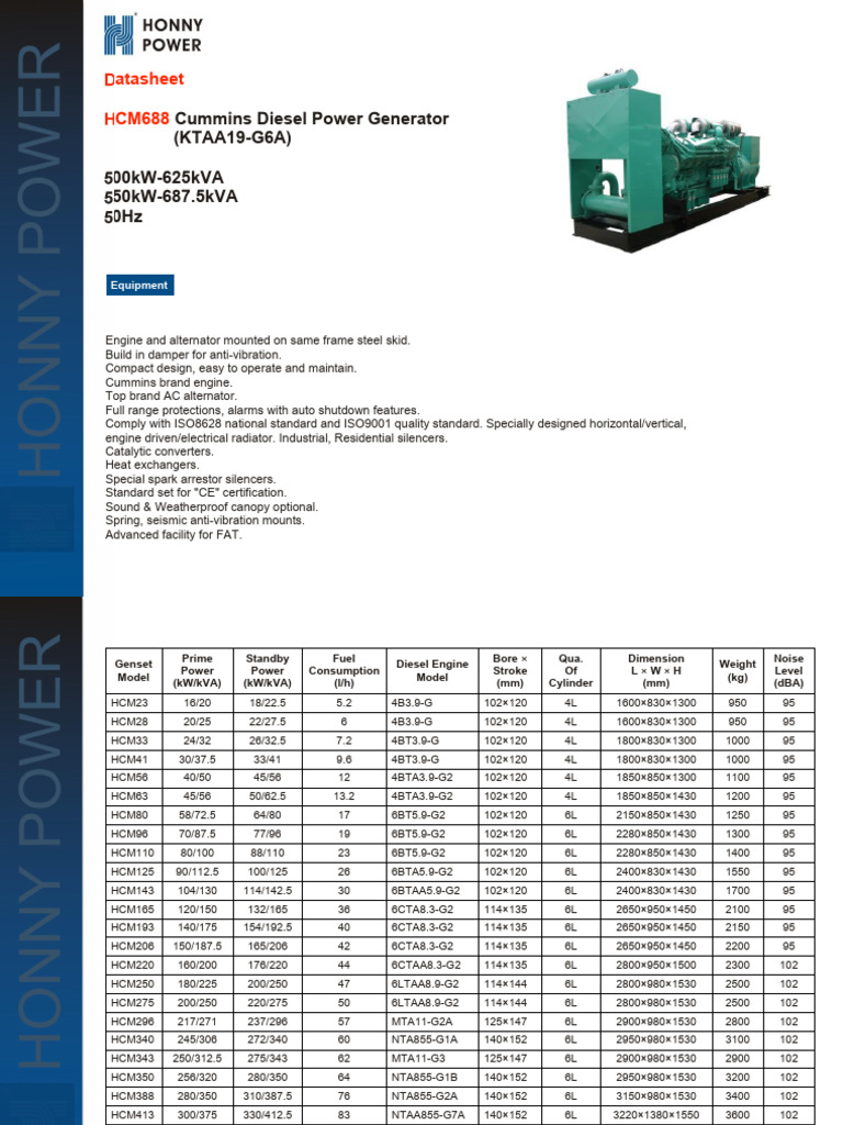 HCM688 Cummins Diesel Generator Specs | PDF | Engines | Vehicle Technology