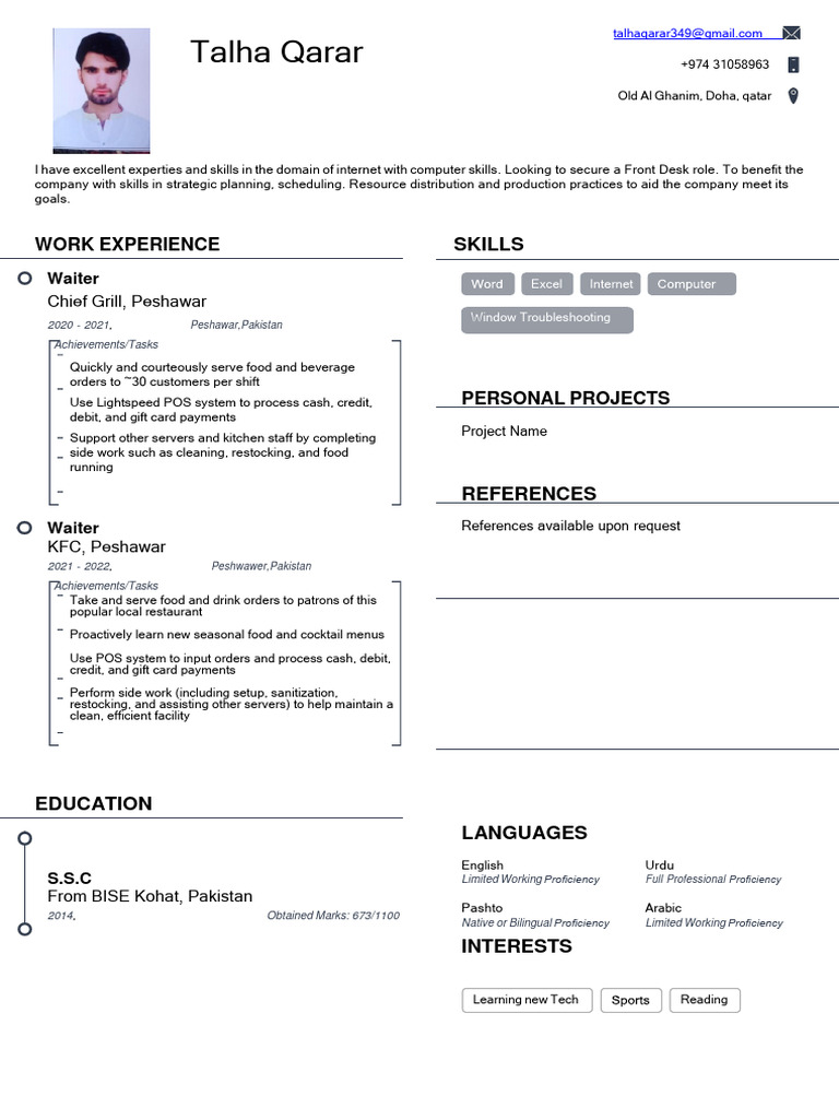 Talha CV | Download Free PDF | Waiting Staff | Point Of Sale