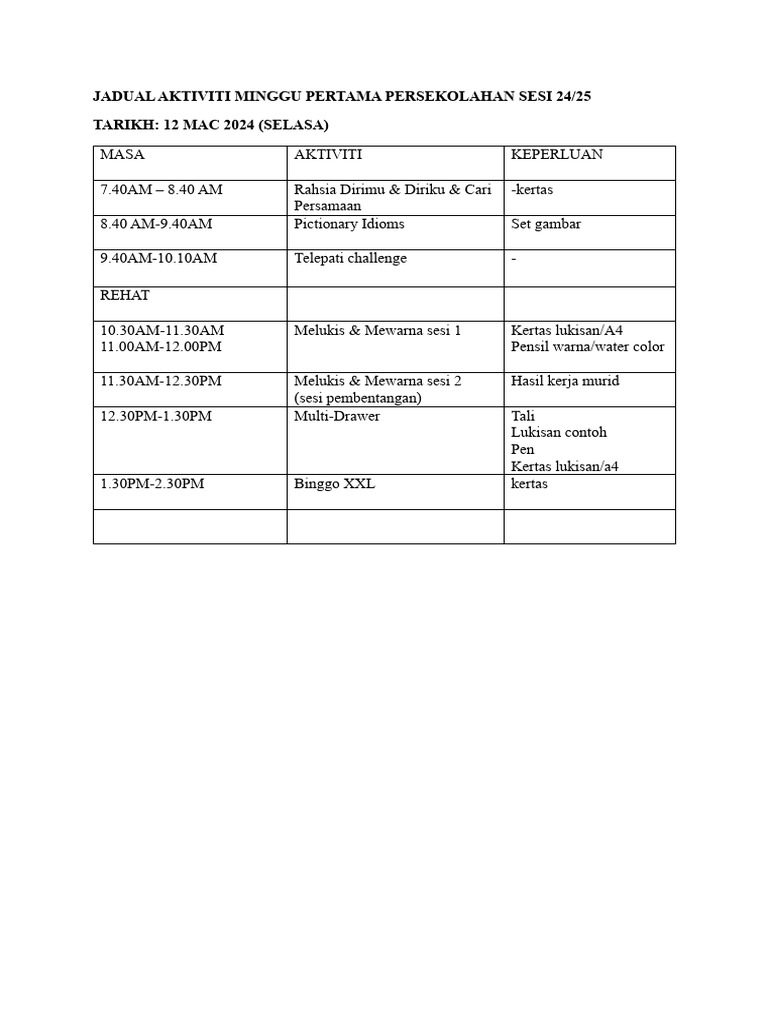 Jadual Aktiviti Minggu Pertama Persekolahan Sesi 24 | PDF