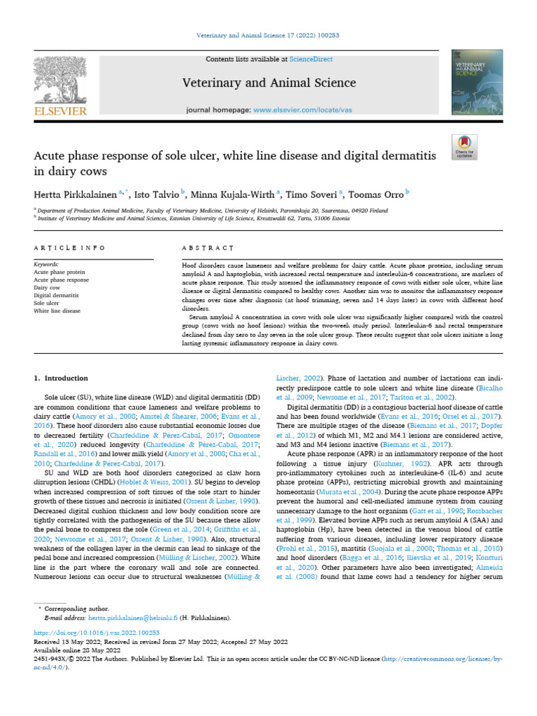 Acute phase response of sole ulcer, white line disease and digital ...