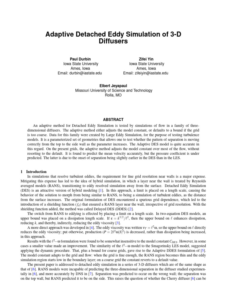 Adaptive Detached Eddy Simulation of 3-D Diffusers | PDF | Turbulence | Applied And ...