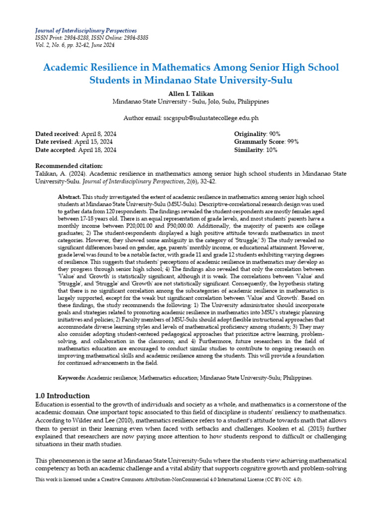 Academic Resilience in MSU-Sulu Math Students | PDF | Psychological ...