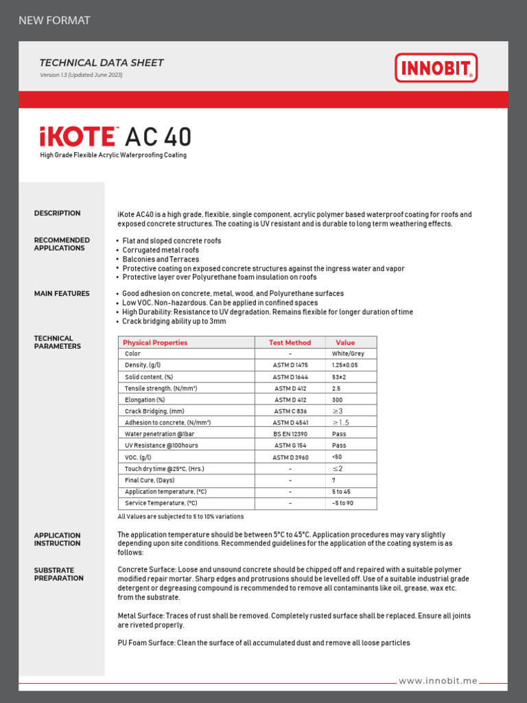 iKote AC40 Waterproof Coating Data Sheet | PDF | Concrete | Roof