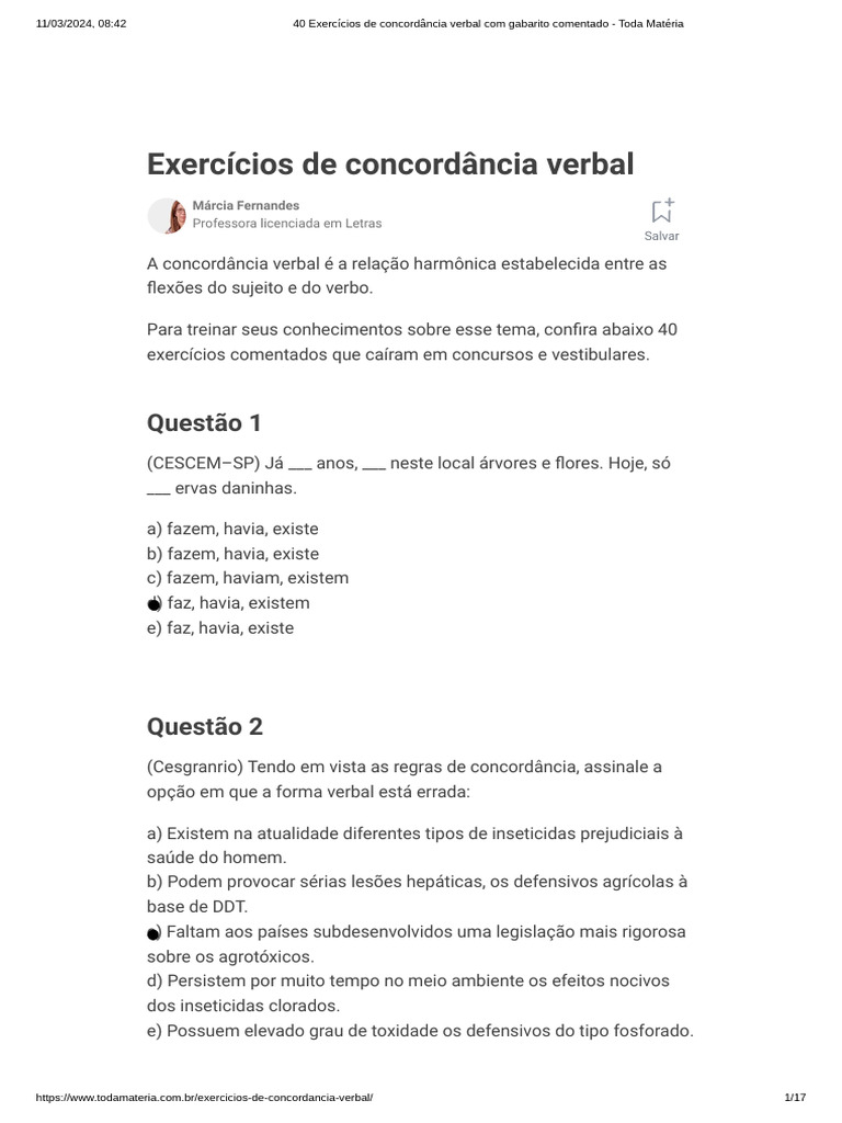 40 Exercícios de Concordância Verbal Com Gabarito Comentado - Toda Matéria | PDF | Ioga | Hatha Yoga