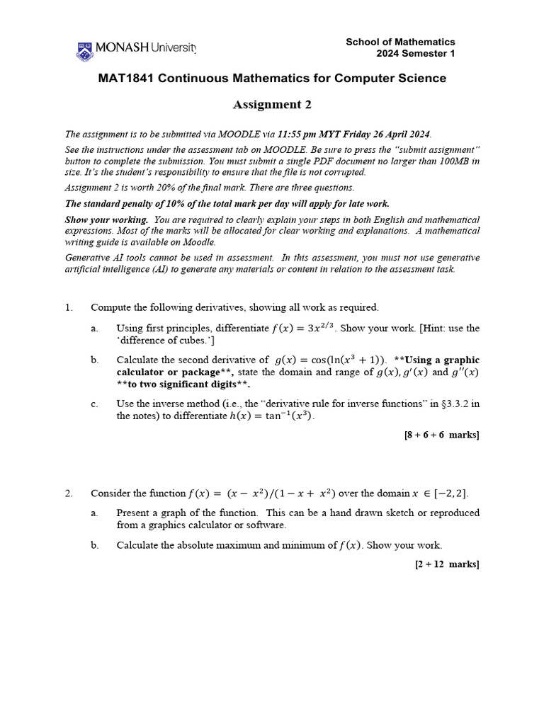 MAT1841 2024 - 2 Assignment 2 | PDF | Derivative | Function (Mathematics)