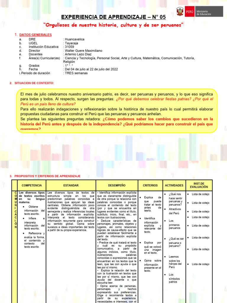 1° Experiencia de Aprendizaje #5 | PDF | Aprendizaje | Dios
