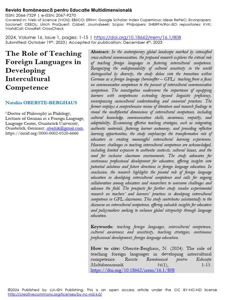 The Role of Teaching Foreign Languages in Developing Intercultural Competence | PDF | Cross ...