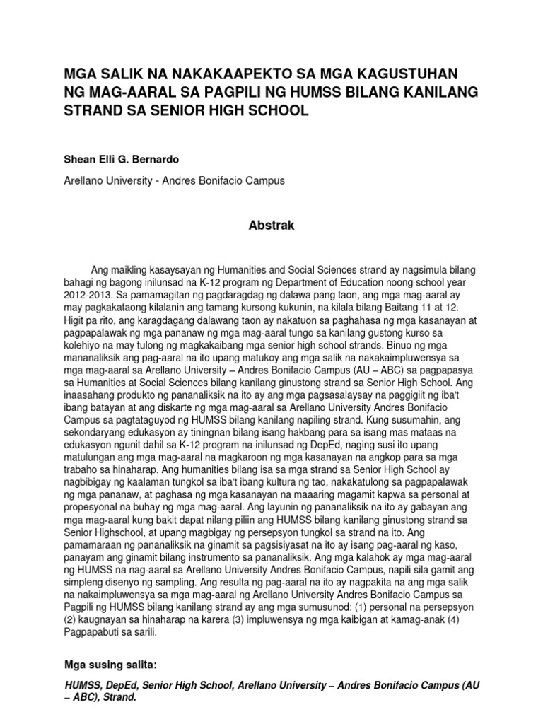 Mga Salik Na Nakakaapekto Sa Mga Kagustuhan NG Mag-Aaral Sa Pagpili NG Humss Bilang Kanilang ...