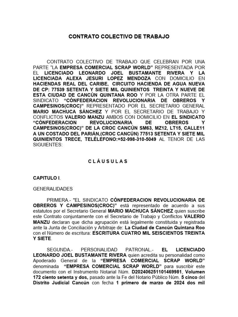 Contrato Colectivo de Trabajo 1 | PDF | Business | Sindicato