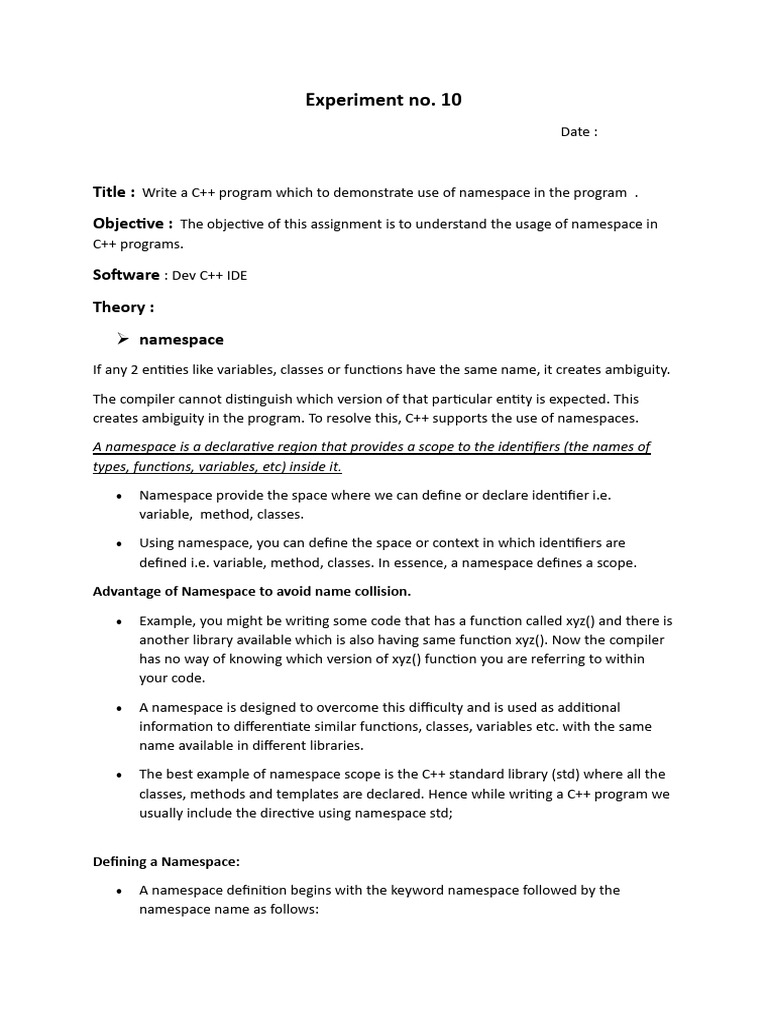 OOPL - Assignment No 10 | PDF | Namespace | C++
