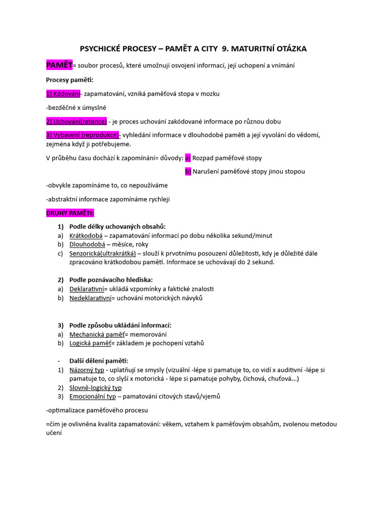 PSYCHICKÉ PROCESY - Pamět A Emoce (City) | PDF