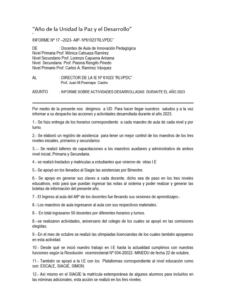 Informe -AIP-2023-2024 | PDF | Salón de clases | Educación Secundaria