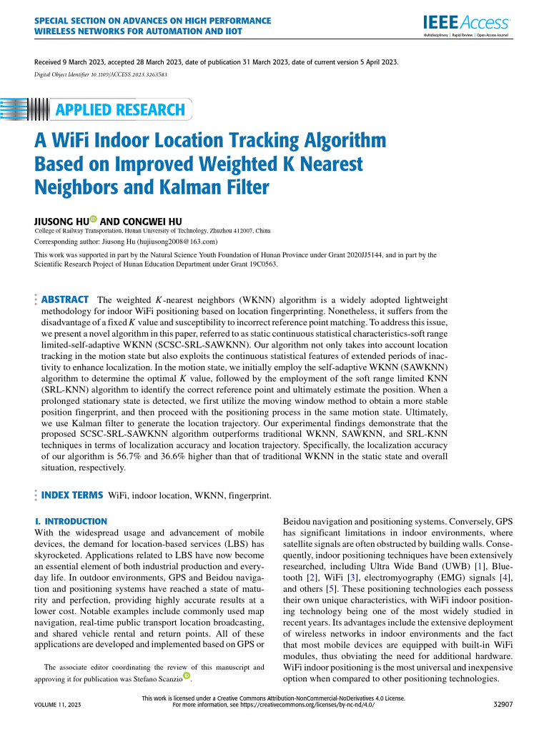 A WiFi Indoor Location Tracking Algorithm Based On Improved Weighted K Nearest Neighbors and ...