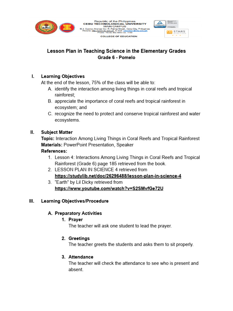Lesson Plan in Interaction Among Living Things in Coral Reefs and ...