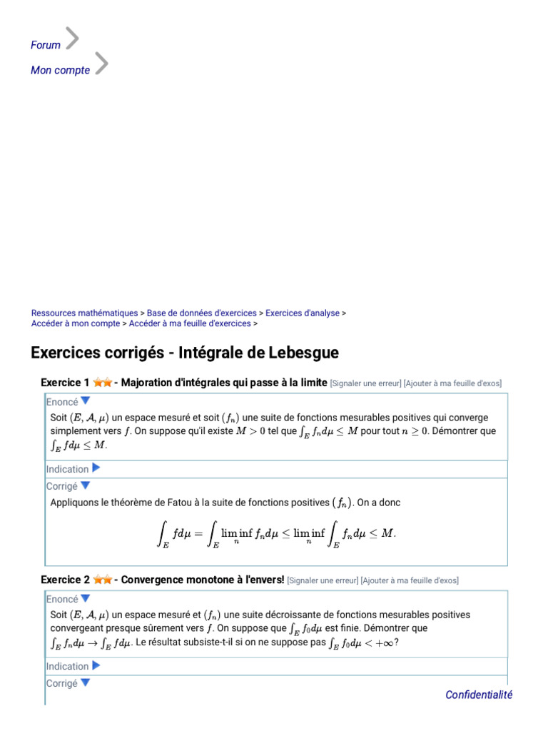 Exercices corrigés sur l'intégrale de Lebesgue | PDF | Intégral ...