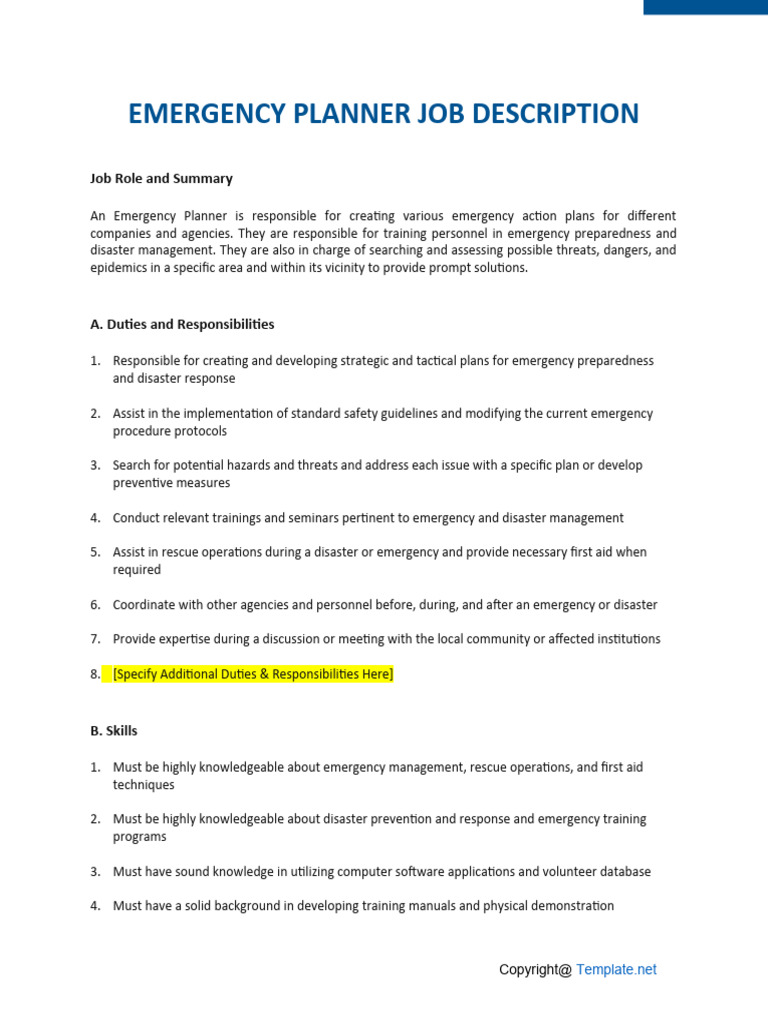 Emergency Planner Job Description Template | PDF | Emergency Management ...
