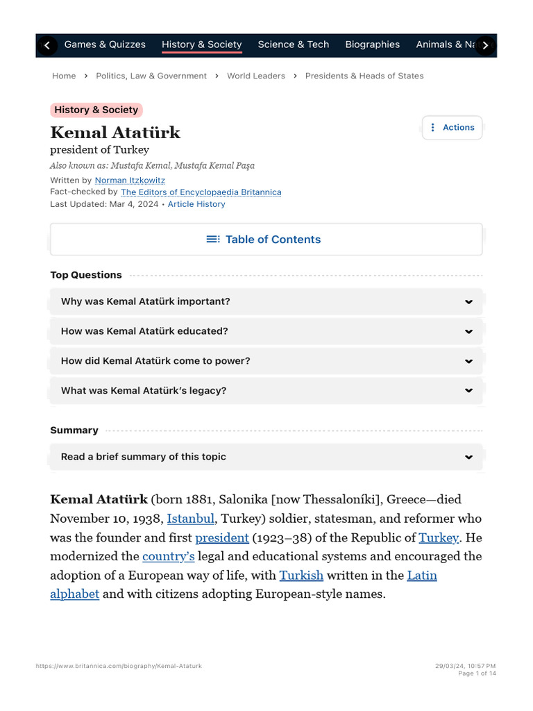 Kemal Ataturk - Biography, Reforms, Death, & Facts - Britannica | PDF ...