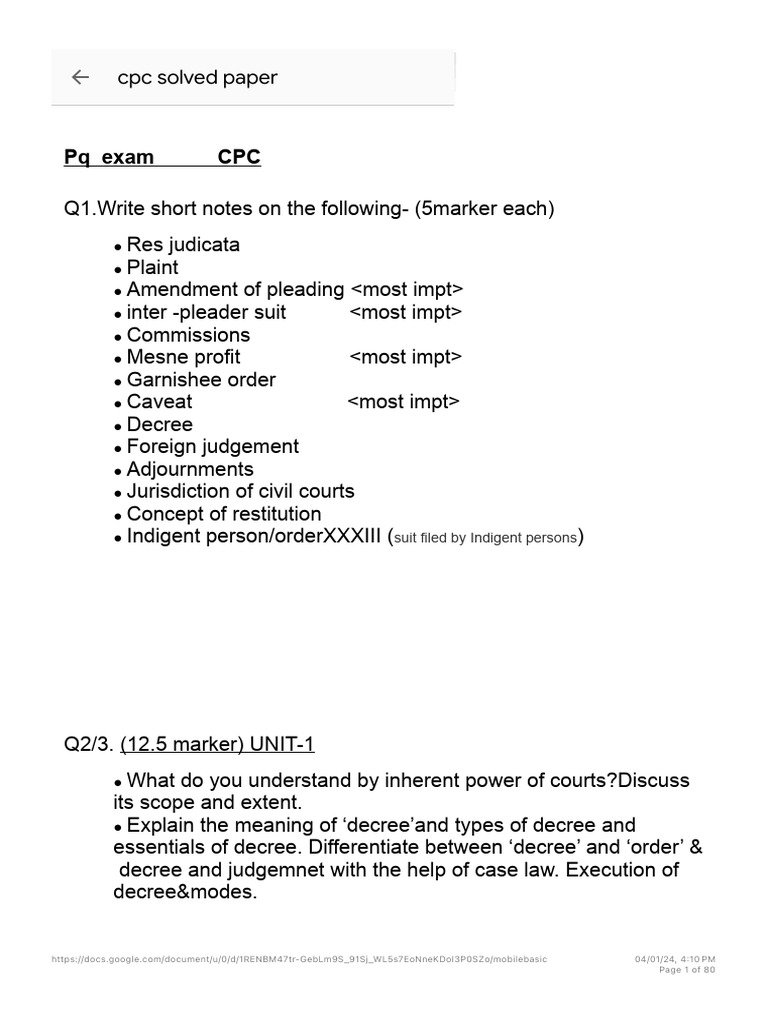 CPC Solved Paper | PDF | Lawsuit | Res Judicata