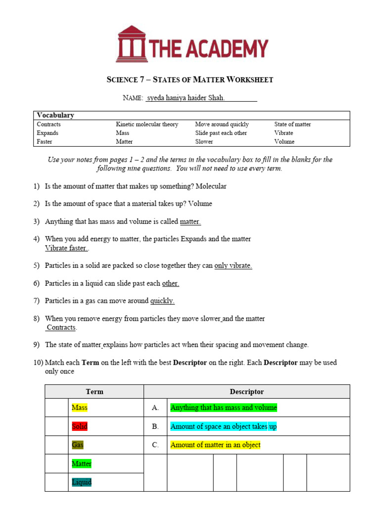States of Matter Worksheet | PDF | Gases | Matter