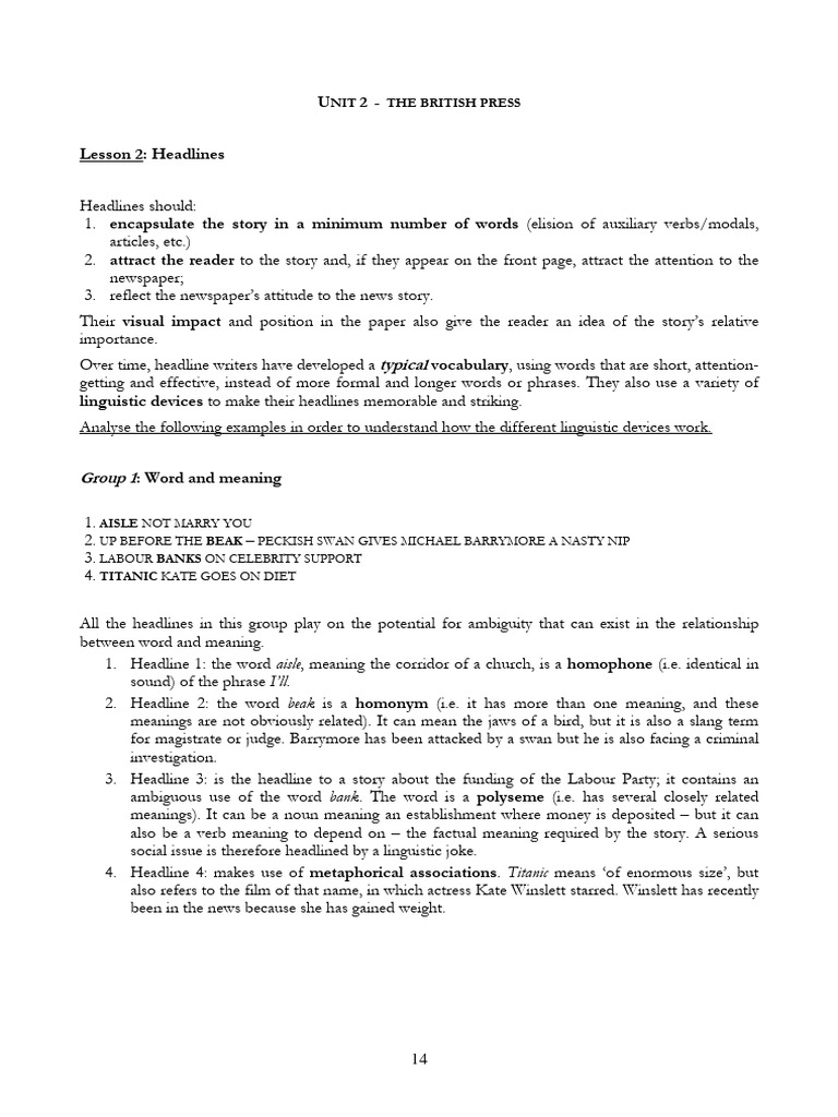 Unit 2 Lesson 2 Headlines | PDF | Adjective | Noun