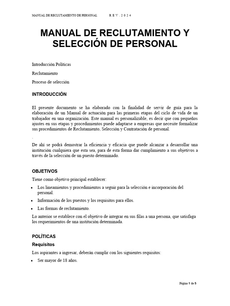 MANUAL DE RECLUTAMIENTO Y SELECCIÓN DE PERSONAL 2024 | PDF | Reclutamiento | Gestión de recursos ...