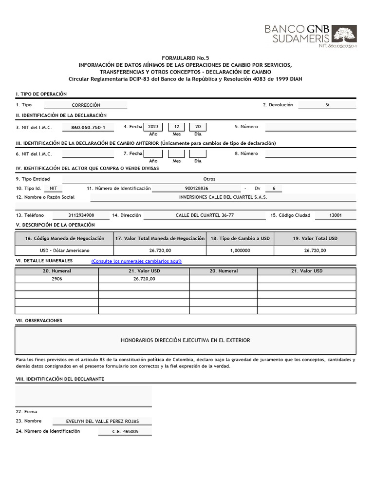 Formulario No.5 Declaración de Cambio Por Servicios, Transferencias y ...