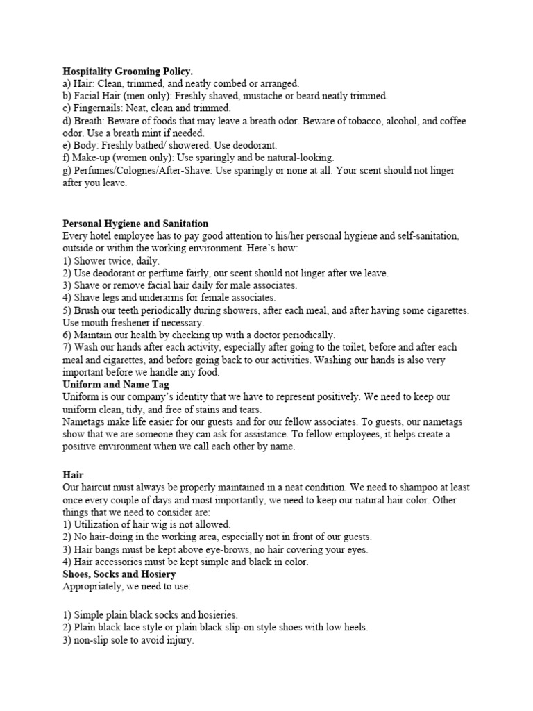 Hotel Staff Grooming Standards Guide | PDF | Hygiene | Nail (Anatomy)