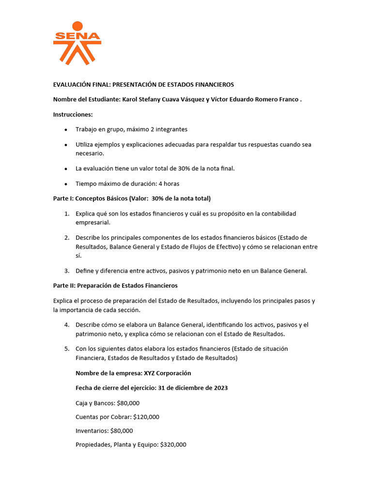 Evaluacion Final Karol y Victor | PDF | Estado financiero | Hoja de balance