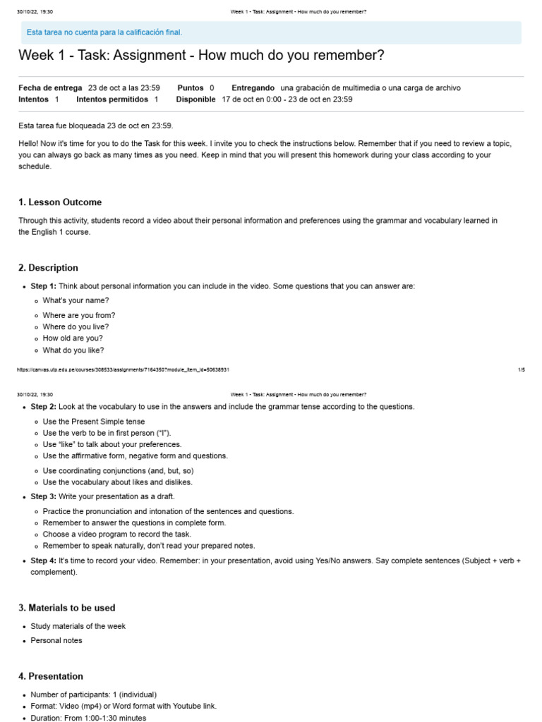 Week 1 - Task - Assignment - How Much Do You Remember | PDF | Grammar | Linguistics