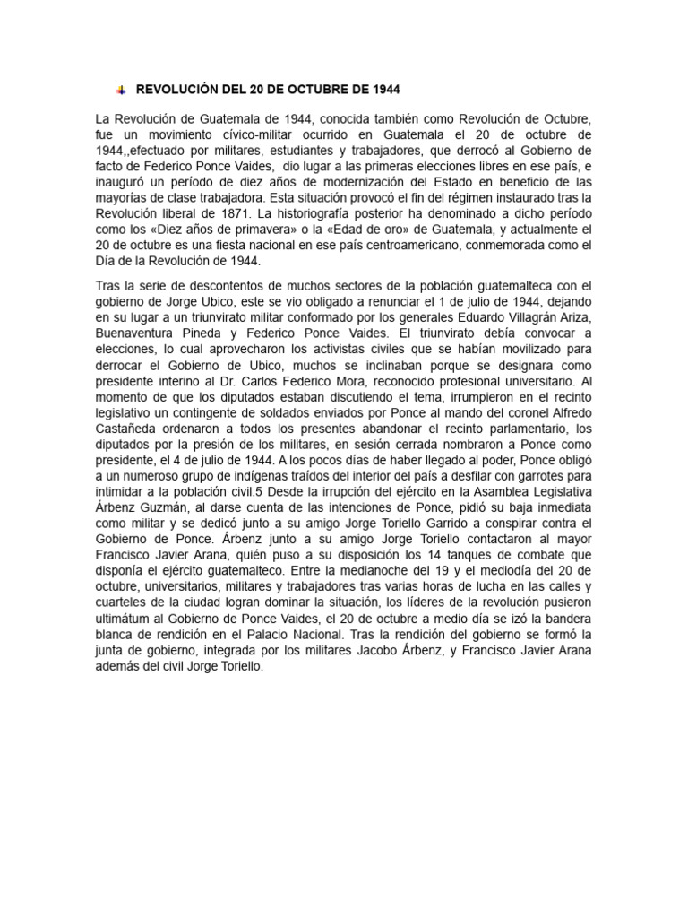 RevoluciÓn Del 20 De Octubre De 1944 3ero Básico Pdf Guatemala