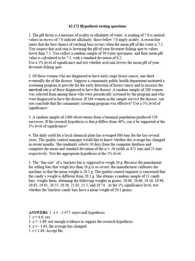 Hypothesis Testing 1sample Questions | PDF | Ph | Mean