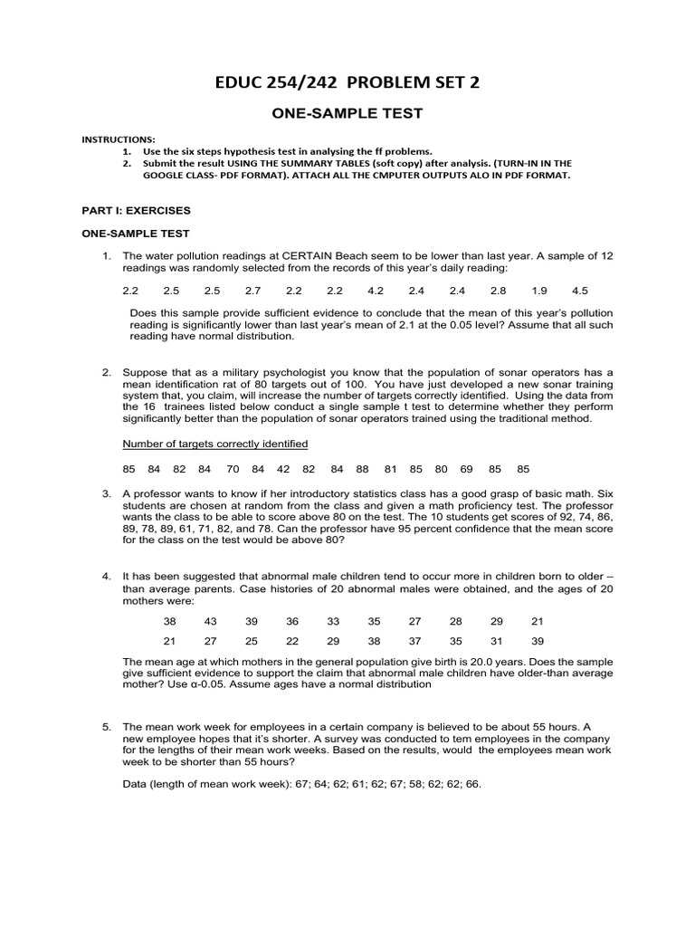 One-Sample Hypothesis Test Problems | PDF | Student's T Test | Sampling ...
