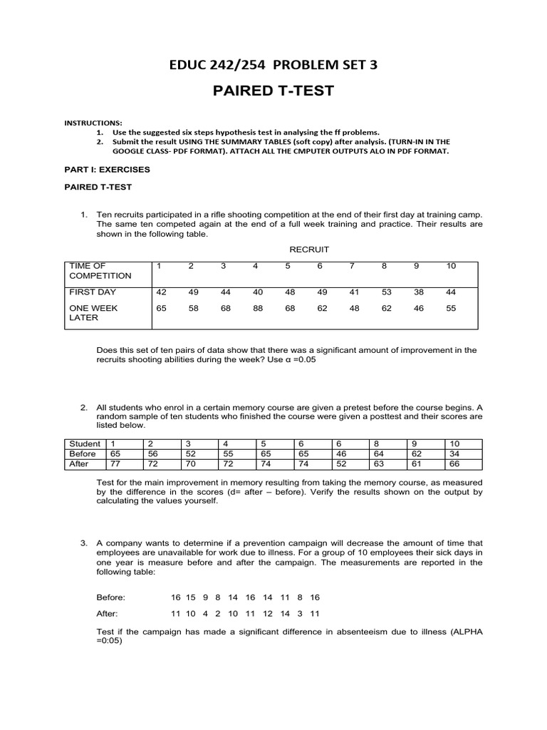 Paired T-Test Problem Set Instructions | PDF | Student's T Test | Science
