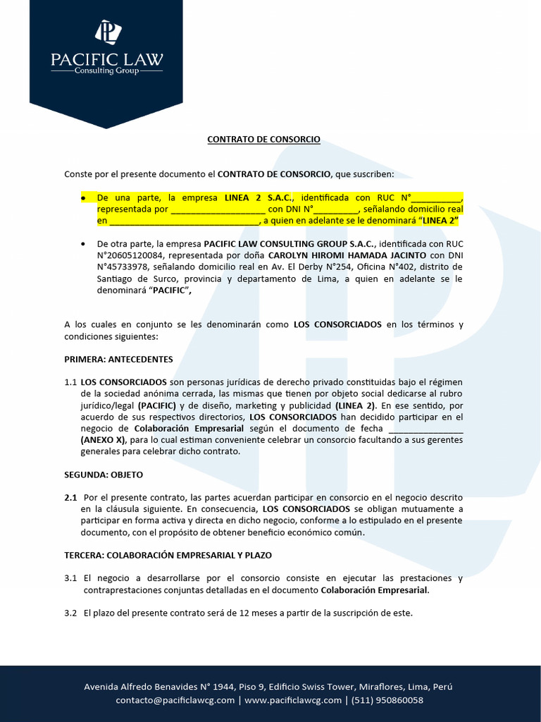 Contrato de Consorcio entre LINEA 2 y PACIFIC | PDF | Perú | Justicia