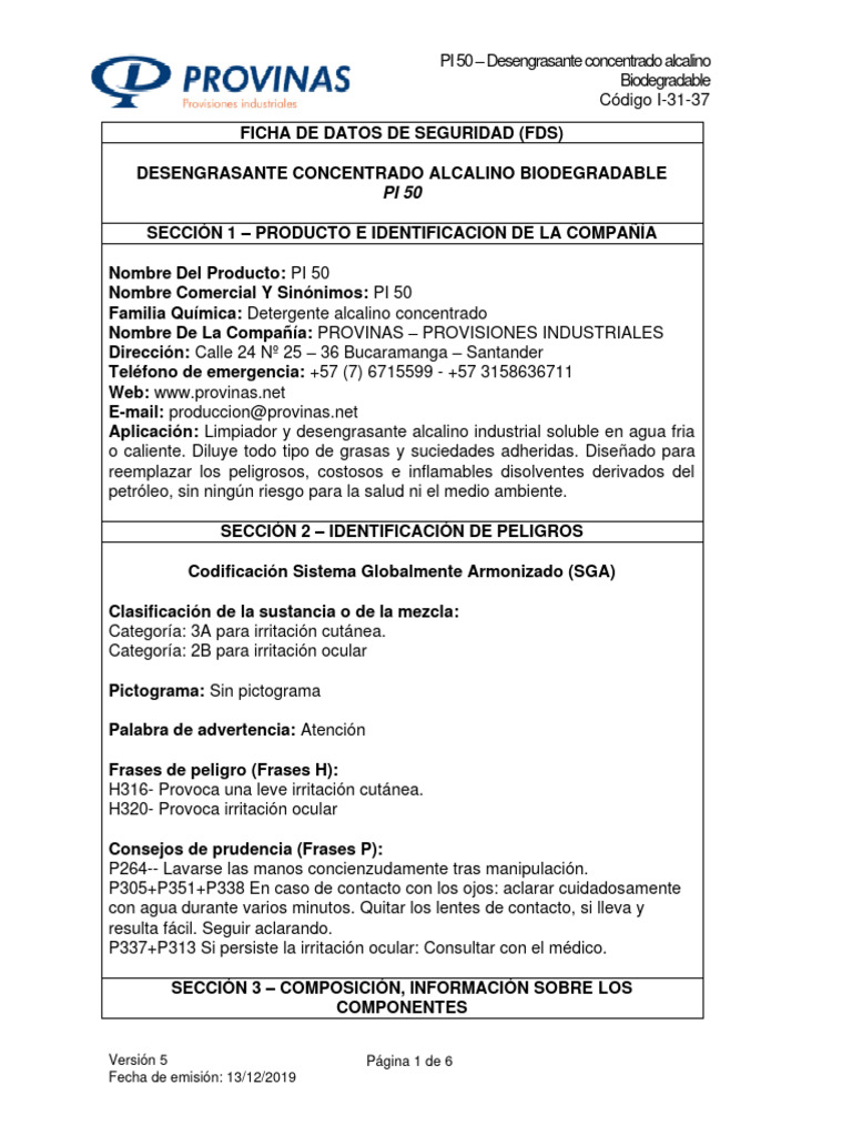 Ficha de Datos de Seguridad PI 50 | PDF | Residuos | Materiales