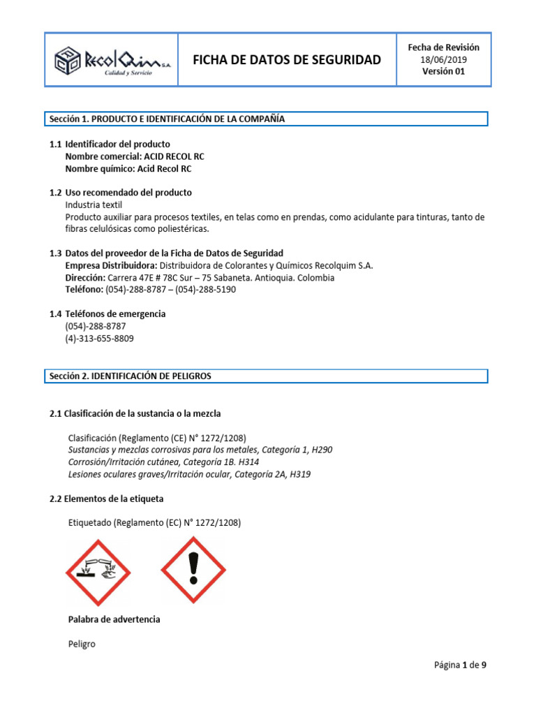 Ficha de Datos de Seguridad Reducol Acid Recol RC | PDF | Corrosión | Agua