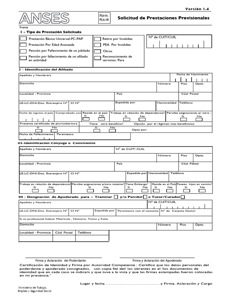 Form. PS.6.18 Solicitud de Prestaciones Previsionales ANSES | PDF | Documento de identidad ...