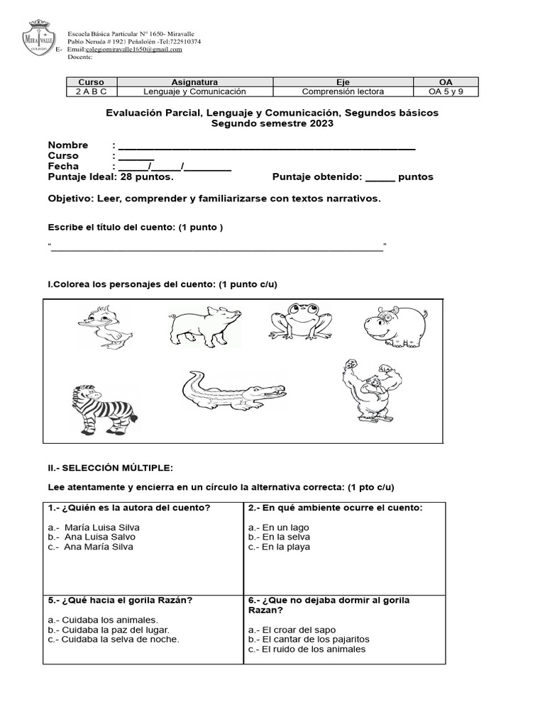 Prueba de Lectura Terminado ''El Gorila Razan'' | PDF