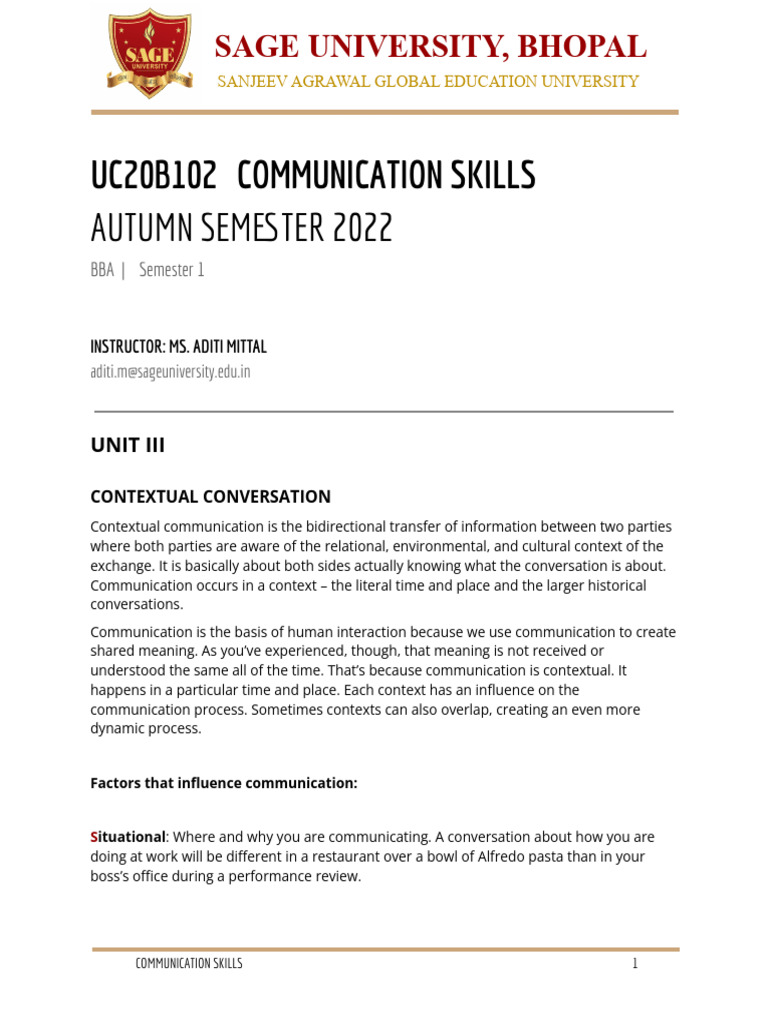 Bba Cs Notes Unit Iii Pdf Nonverbal Communication Body Language