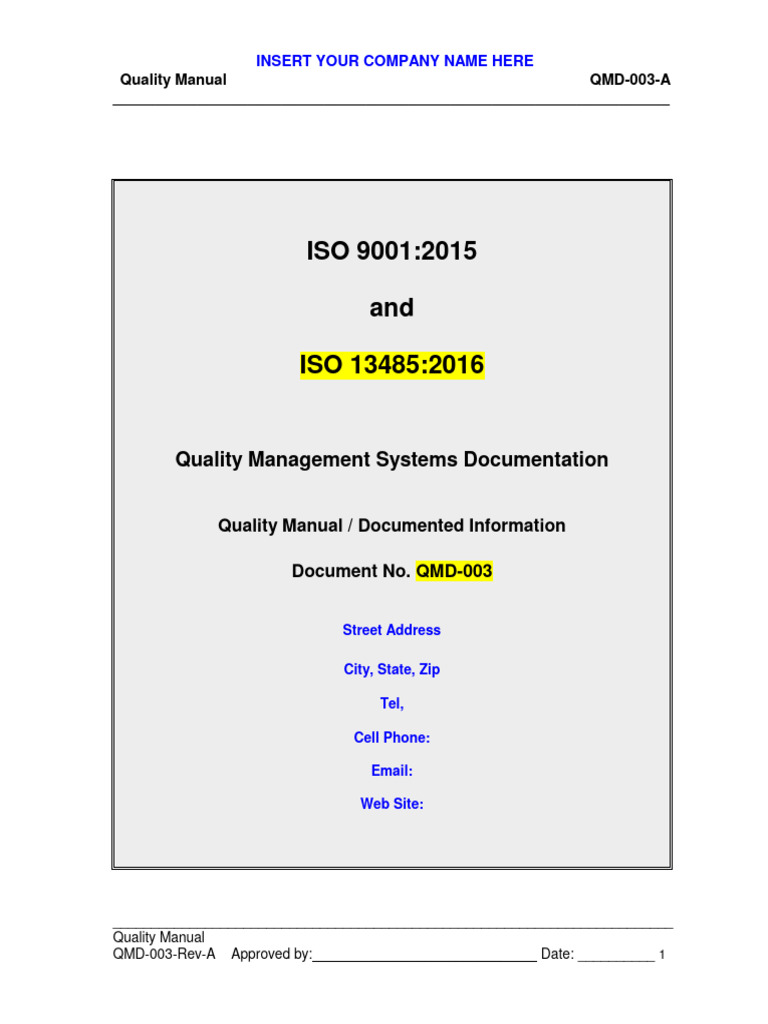 ISO 9001:2015 and ISO 13485:2016: Quality Management Systems Documentation | PDF | Quality ...