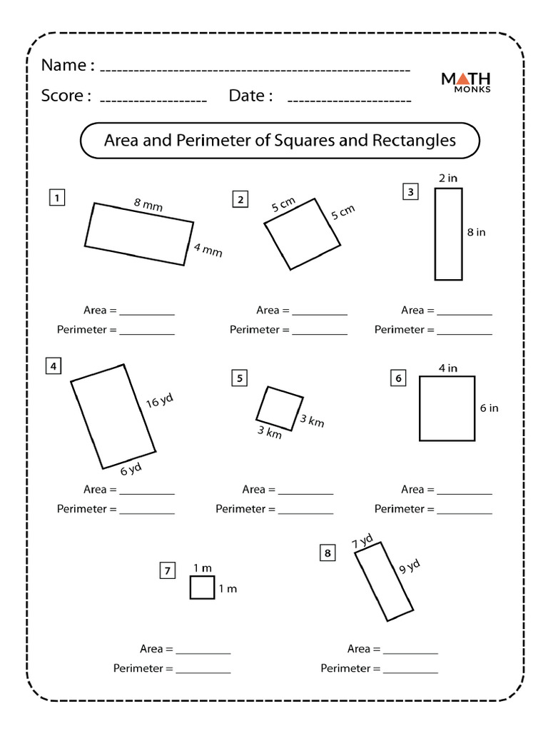 Area and Perimeter of Square and Rectangle Worksheets | PDF