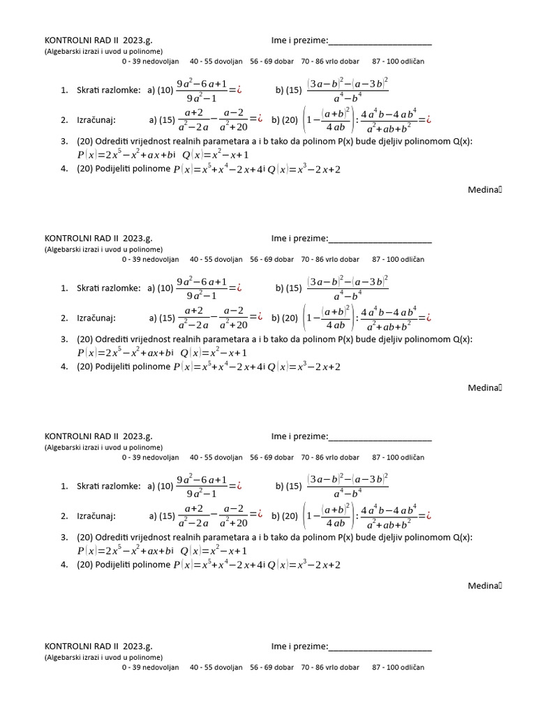 Kontrolni Algebarski Izrazi I Polinomi Ib | PDF