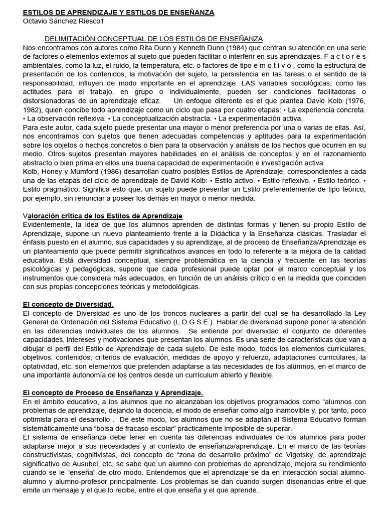 ESTILOS DE APRENDIZAJE Y ESTILOS DE ENSEÑANZA | PDF | Aprendizaje | Evaluación