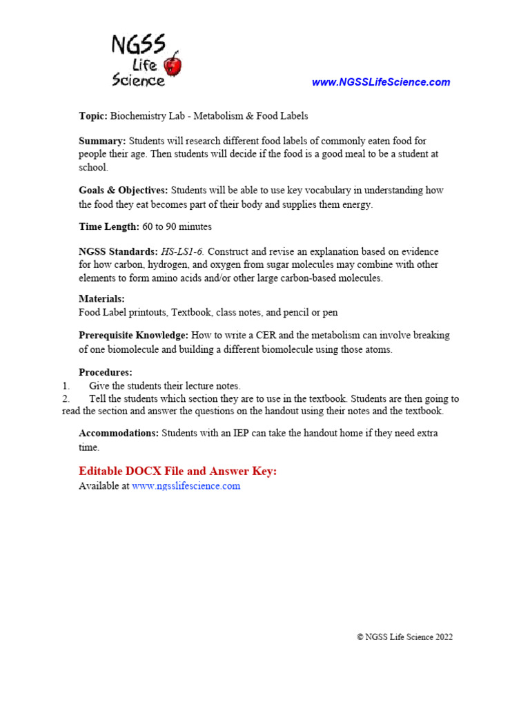 Biochemistry Lab Metabolism Food Label | PDF | Carbohydrates | Proteins