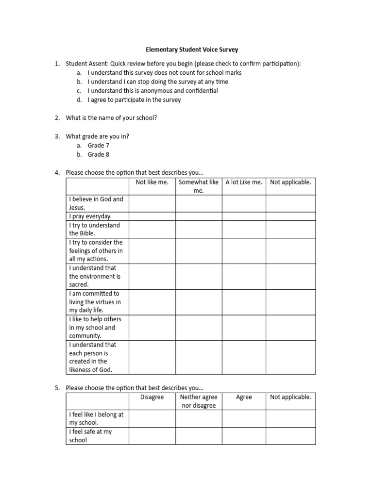 17april 2024 - Elementary Student Voice Survey-1 | PDF | Learning | Faith