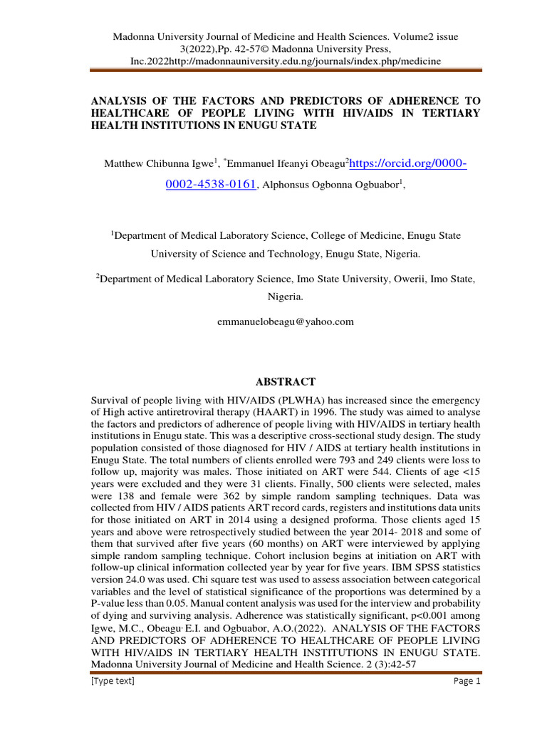 HIV/AIDS Healthcare Adherence Study Enugu | PDF | Health Care | Immunodeficiency