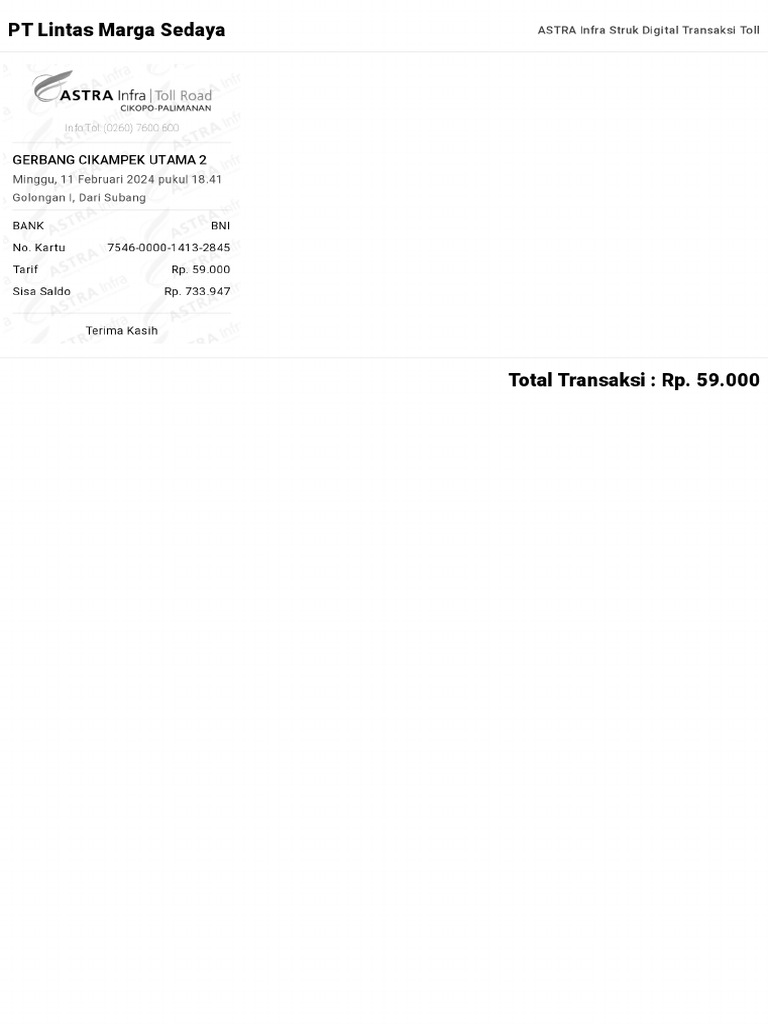 ASTRA Infra Struk Digital Transaksi Toll - 202422601936 | PDF